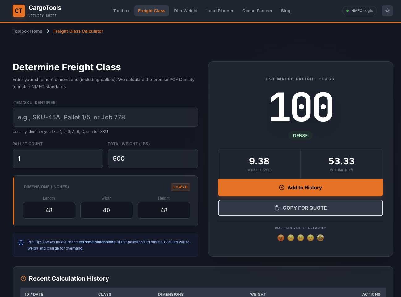 Free PCF Density & Freight Class Calculator | CargoTools